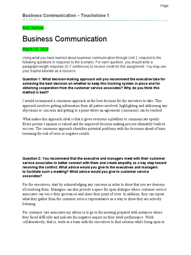 Bus Comm Touchstone 1 Ariel Salmon | PDF | Consensus Decision Making | Communication