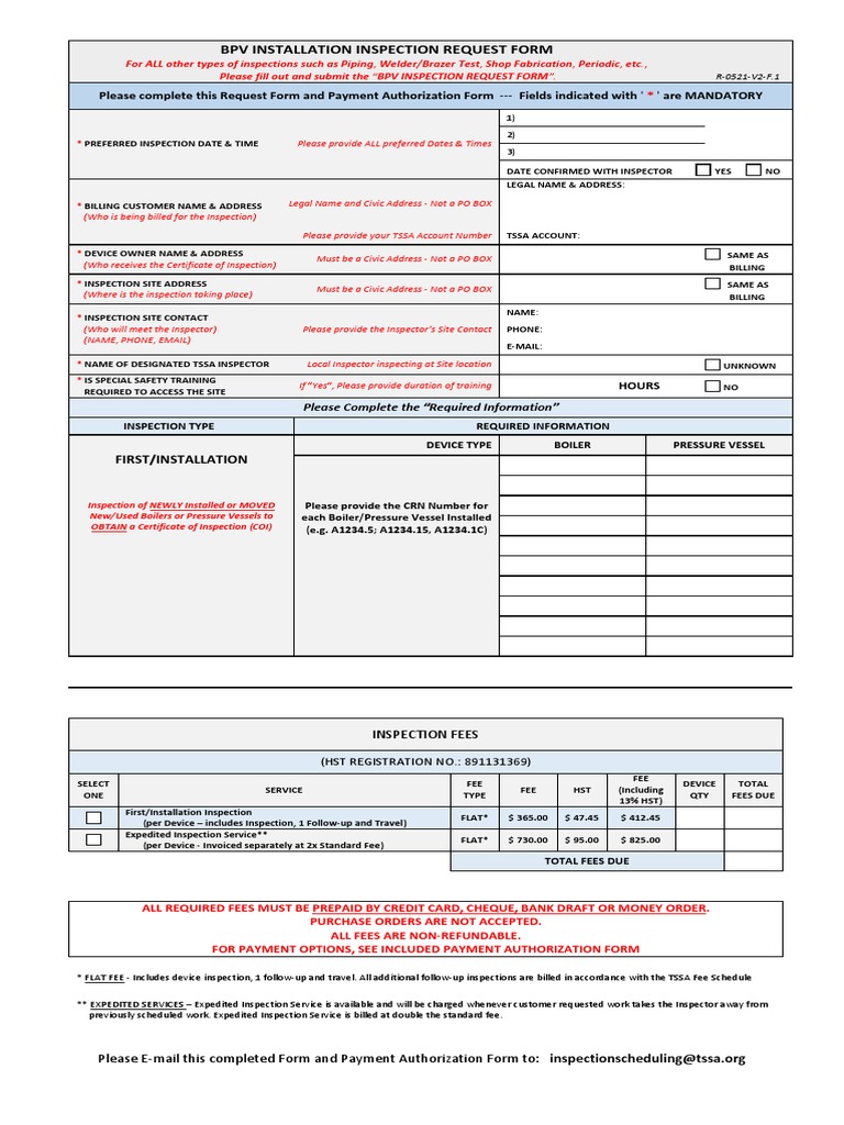 BPV Installation Inspection Request Form With Payment Authorization ...