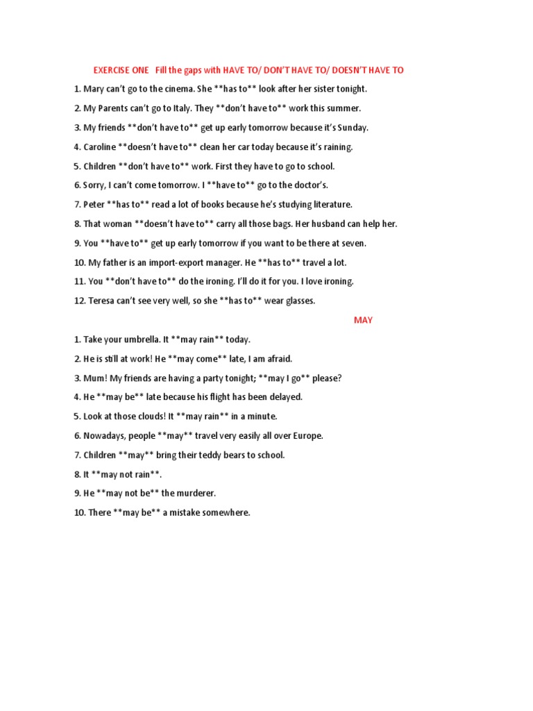 EXERCISE ONE Fill The Gaps With HAVE TO | PDF
