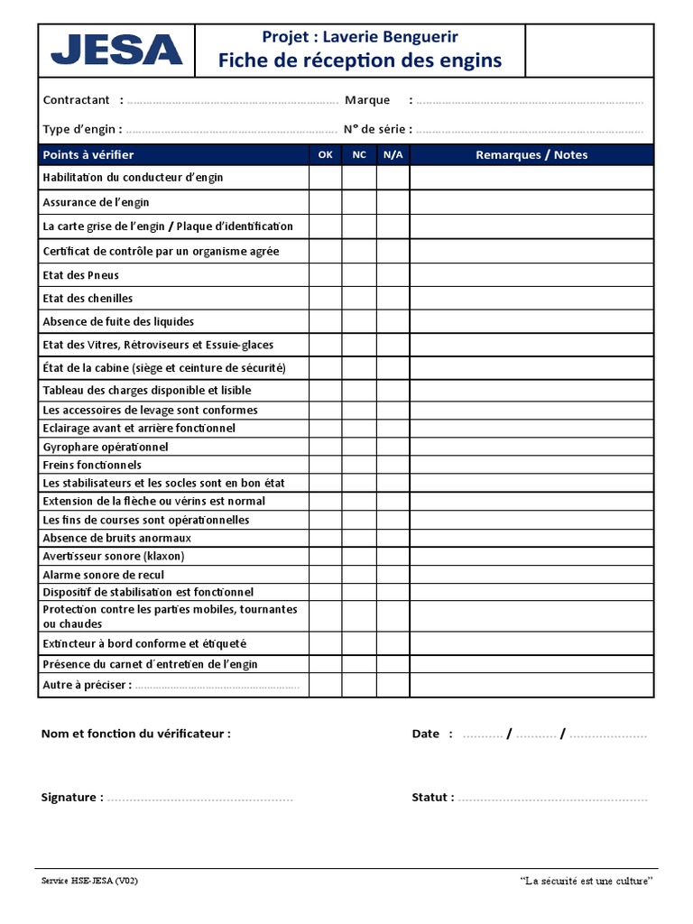 Fiche de Réception D'un Engin de Chantier (V2) | PDF