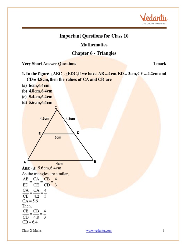 CBSE Class 10 Maths Triangles Important Questions 2023-24 | PDF ...