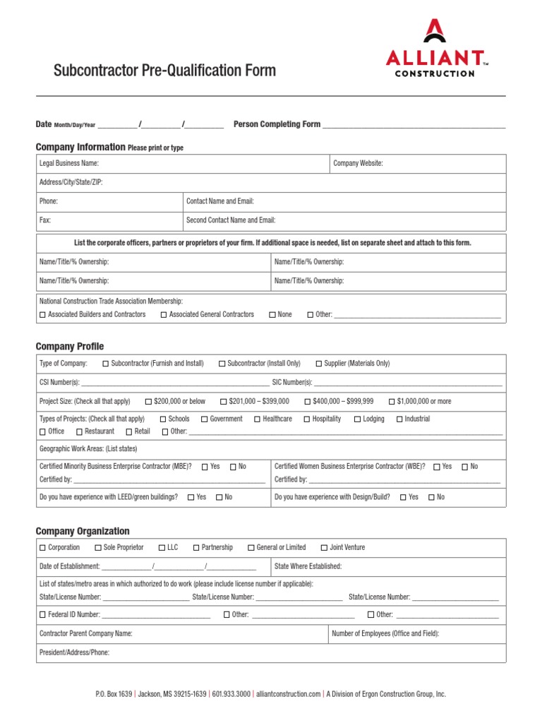 Subcontractor Prequalification Form | PDF