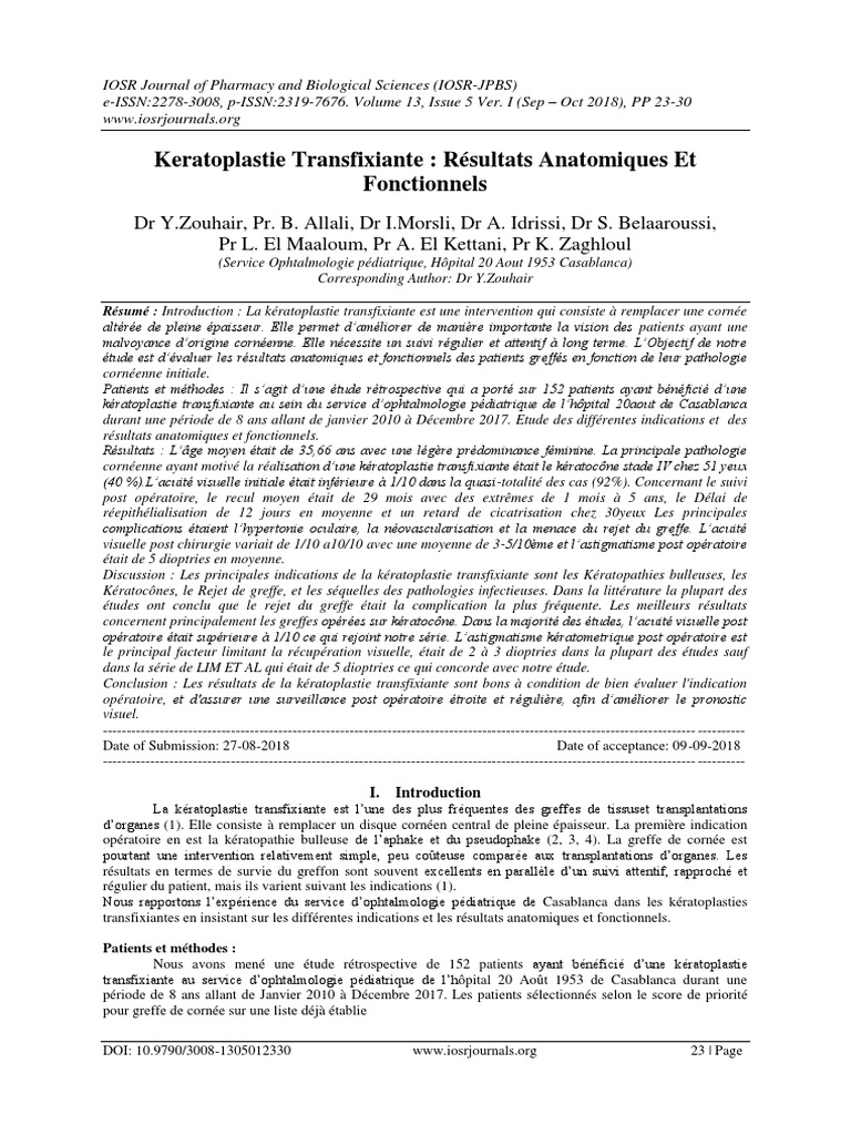 Keratoplastie Transfixiante Resultats An | PDF