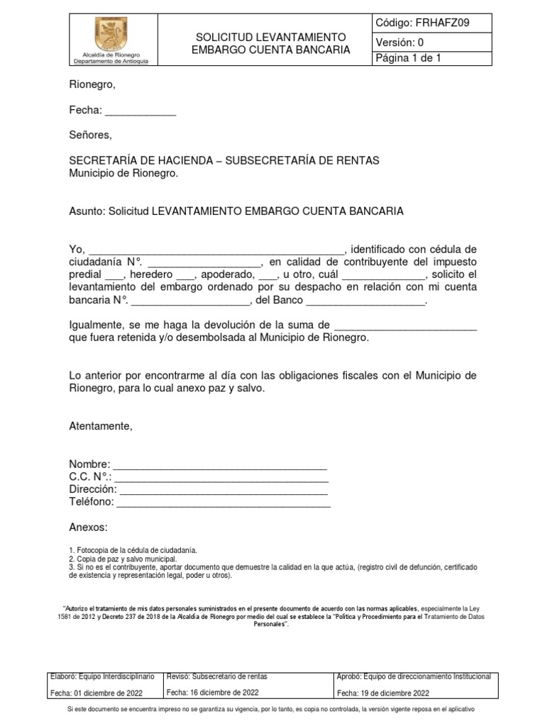 Formato Levantamiento Embargo Cuenta Bancaria | PDF | Gobierno