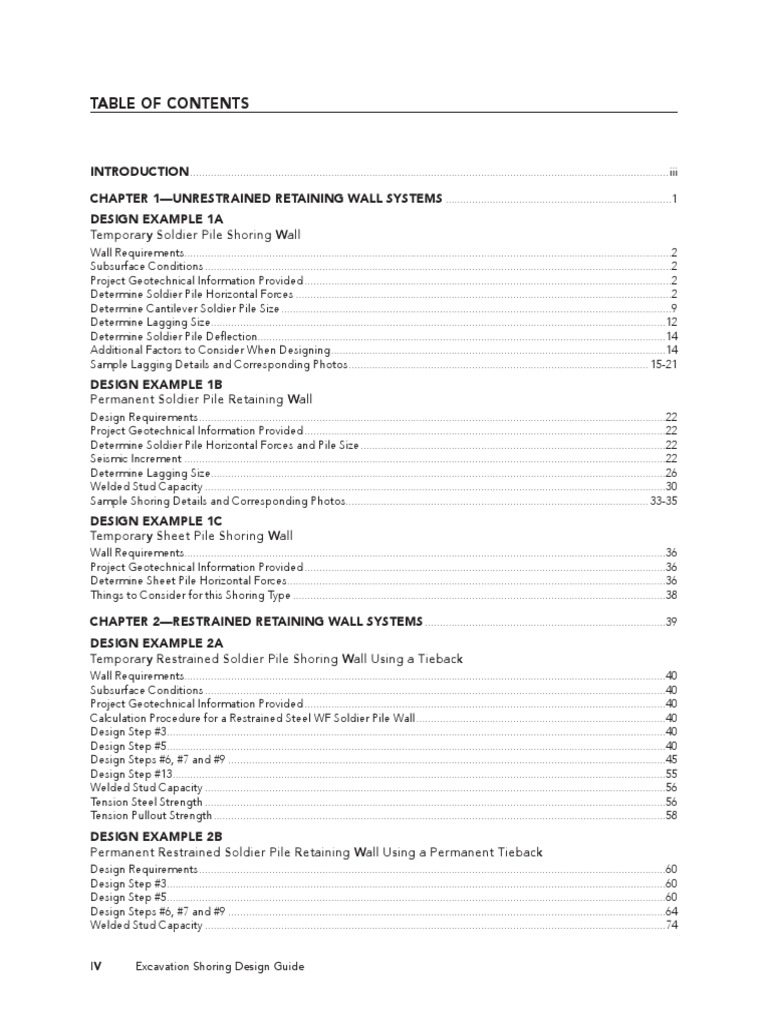 Excavation Shoring Design Guide - TOC | PDF