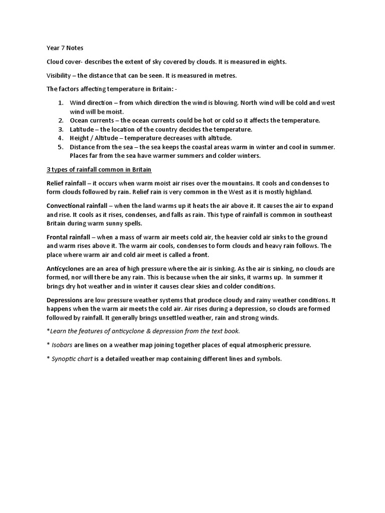 Year 7 Notes Weather | PDF | Rain | Precipitation