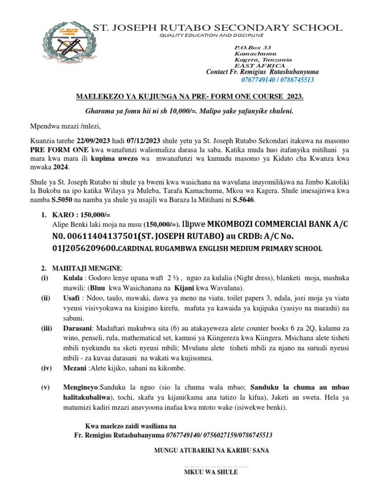 Pre Form One 2023 | PDF