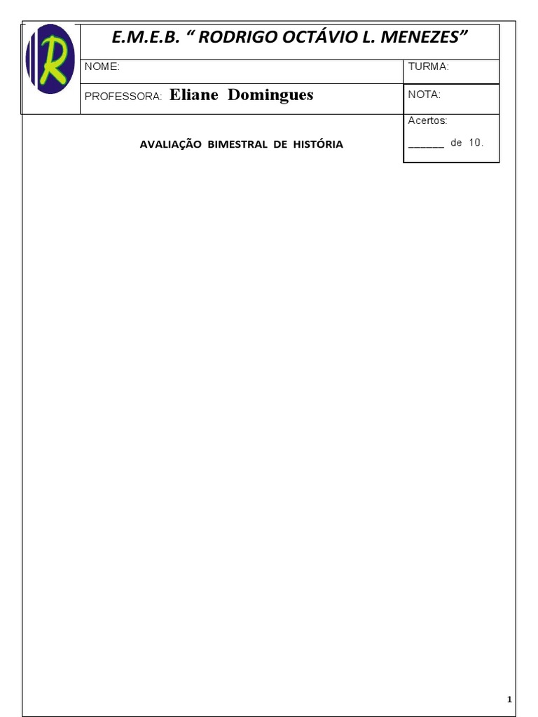Avaliação História 1 Bimestre Pdf