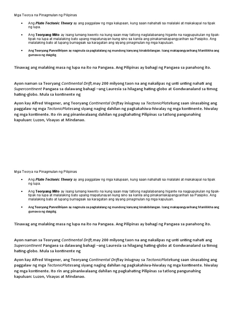 Mga Teorya Na Pinagmulan NG Pilipinas Notes | PDF