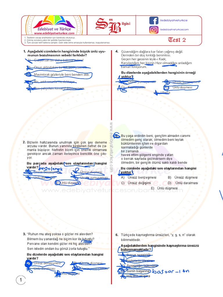 Ses Bilgisi Yaprak Testi 2 | PDF