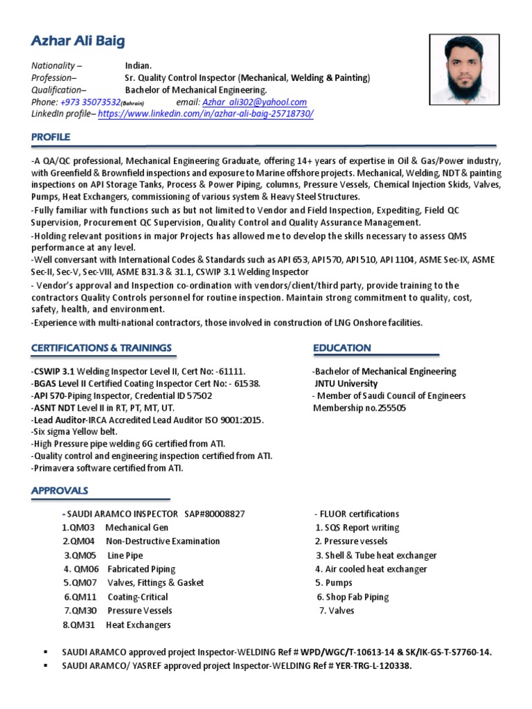 Azhar Ali Baig CV Sr. Mechancial Inspector | PDF | Pipe (Fluid Conveyance) | Welding