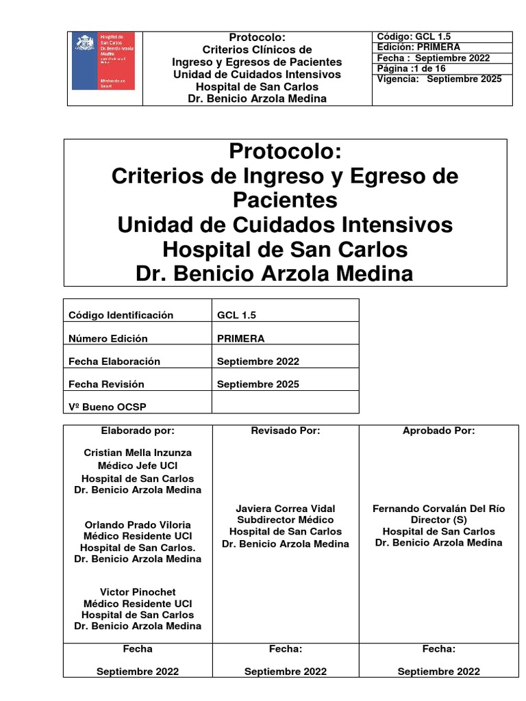 Protocolo Criterios Ingresos y Egresos UCI HSC | Descargar gratis PDF | Unidad de Cuidados ...