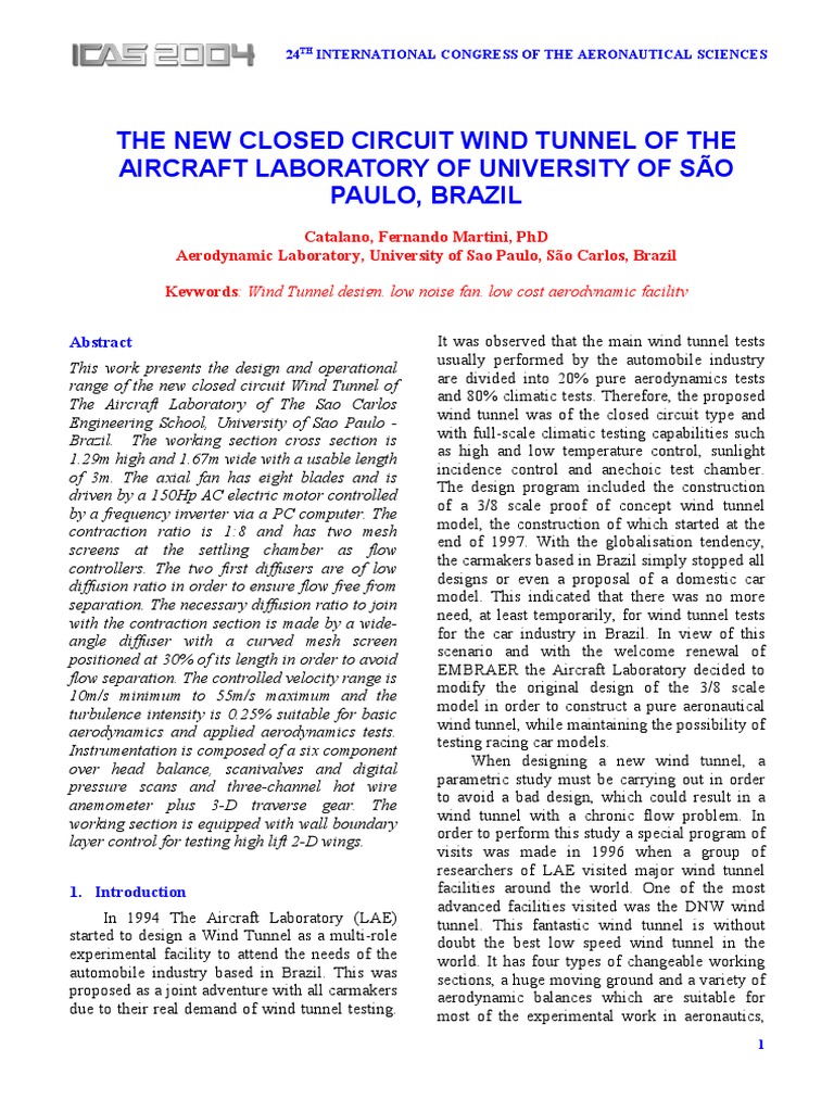 The New Closed Circuit Wind Tunnel of The Aircraft Laboratory of University of São Paulo, Brazil ...