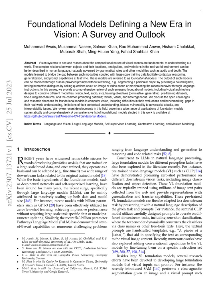 2023 - Foundational Models Defining A New Era in Vision | PDF