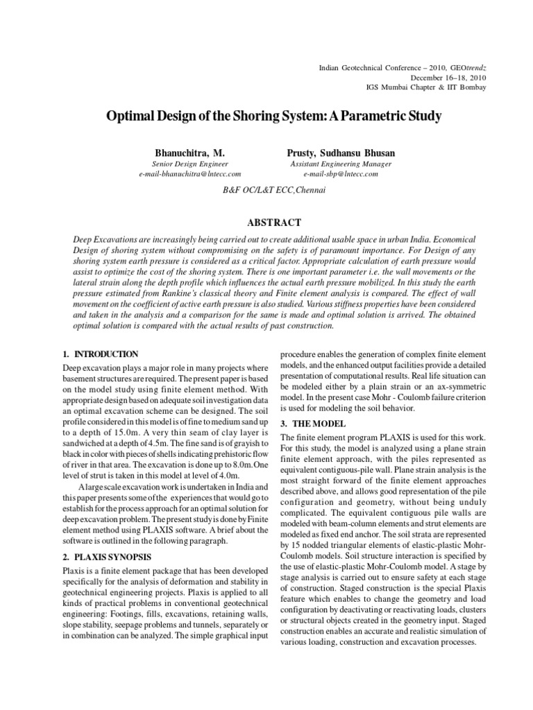 Optimal Design of The Shoring System: A Parametric Study: Bhanuchitra, M. Prusty, Sudhansu ...