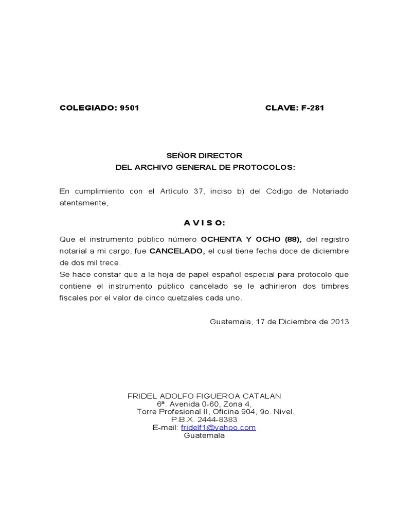 AVISO CANCELACIÓN ESCRITURA PÚBLICA (Fridel) | PDF