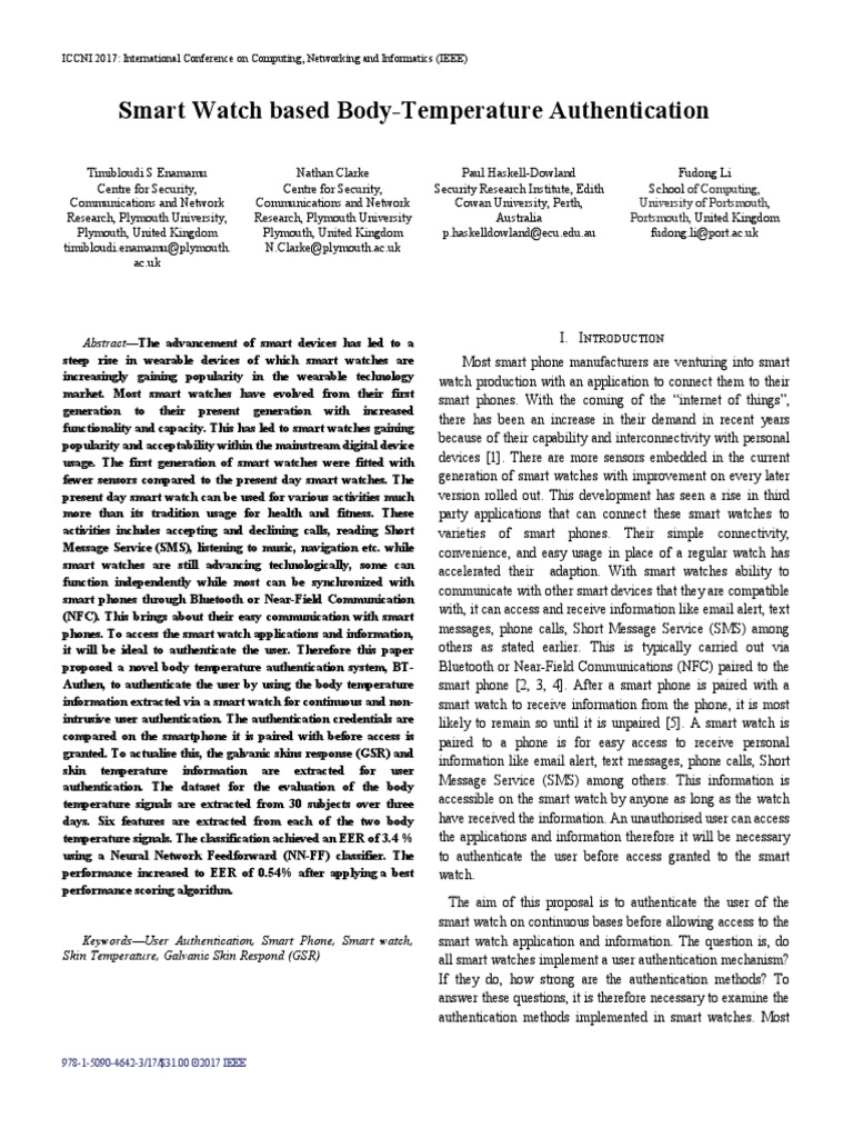 Smart Watch Based Body-Temperature Authentication: Abstract-The Advancement of Smart Devices Has ...