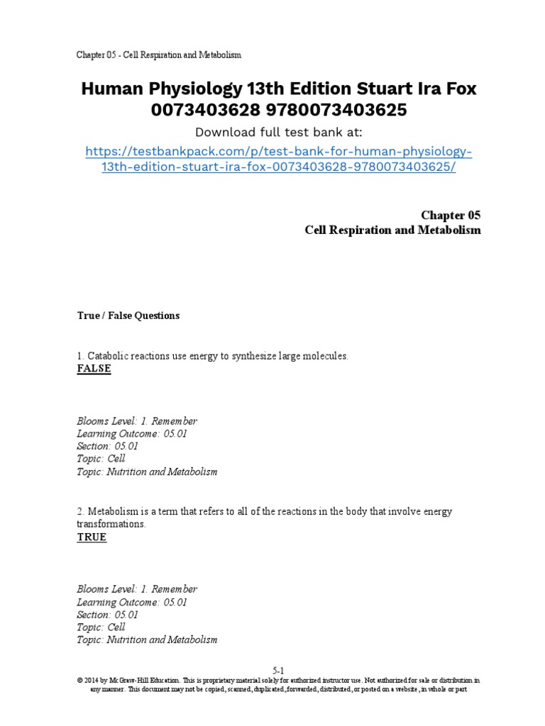 Human Physiology 13th Edition Stuart Ira Fox Test Bank 1 | PDF