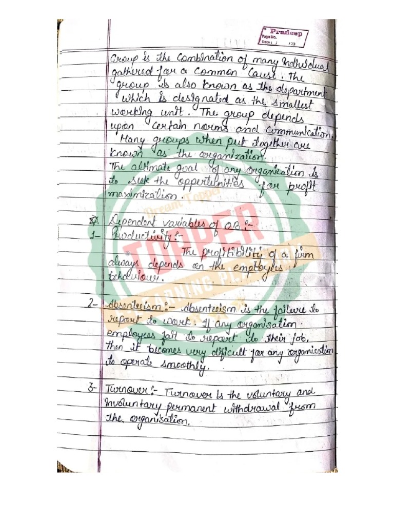 Fundamentals of Organizational Behaviour BCA Notes - STUDY NOTES | PDF