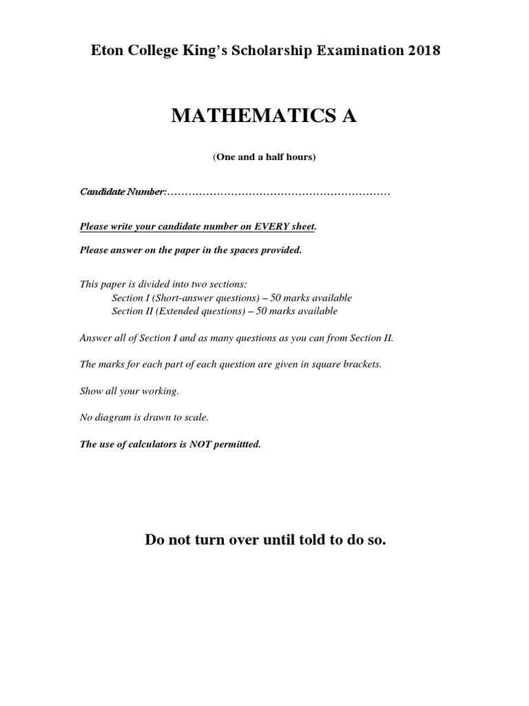 Eton College 13 Plus Scholarship Exam 2018 Maths A | PDF