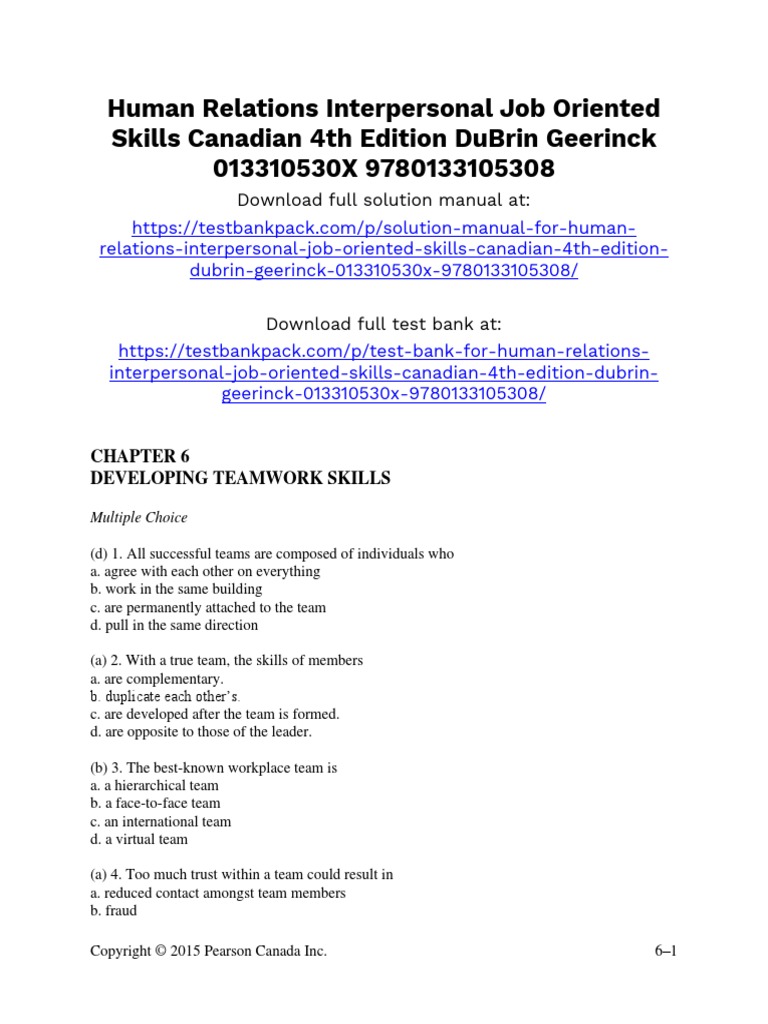 Human Relations Interpersonal Job Oriented Skills Canadian 4th Edition ...