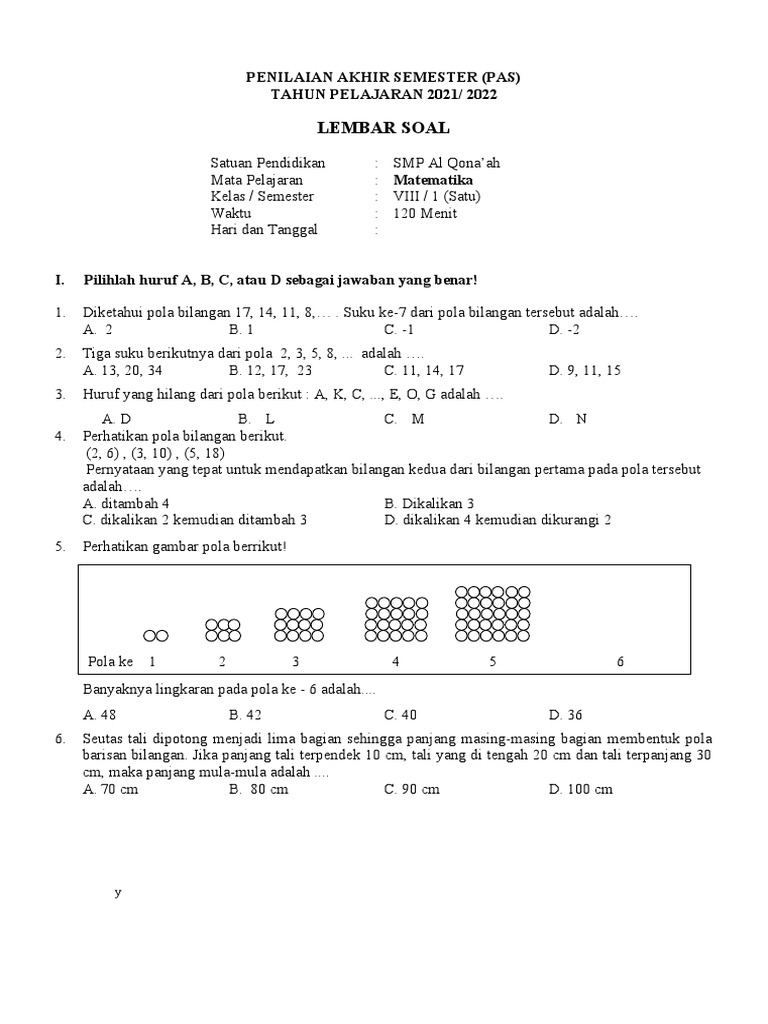 SOAL PAS MTK KLS 8 Ganjil | PDF