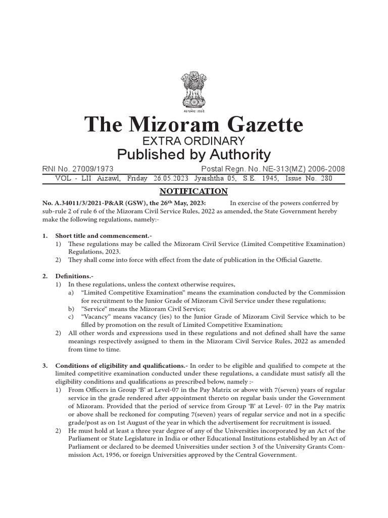 Mizoram Civil Service Exam Regulations 2023 | PDF | University And ...