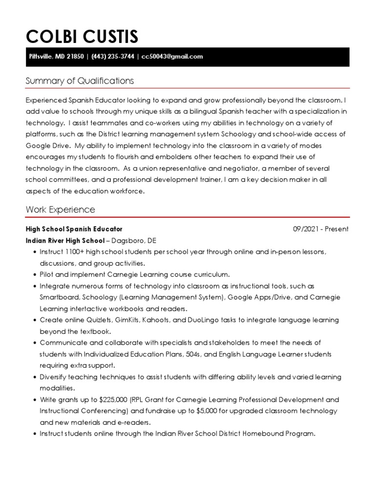 Colbi Custis Resume | PDF | Teachers | Learning