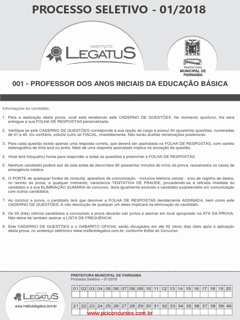 Professor de Educacao Basica LEGATUS 2019 Provas | PDF