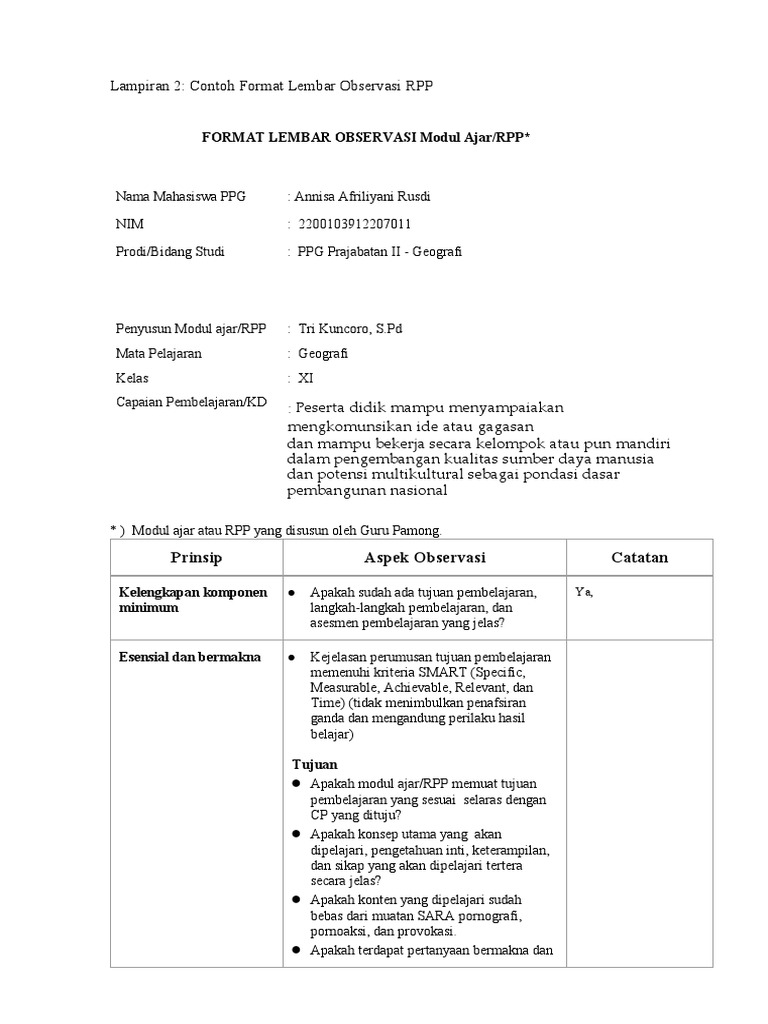 Lampiran 2 - Contoh Format Lembar Observasi RPP | PDF