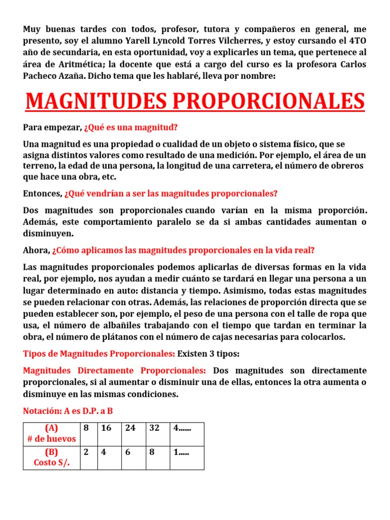 Magnitudes Proporcionales - TORRES VILCHERRES YARELL LYNCOLD 4TO DE SECUNDARIA | PDF