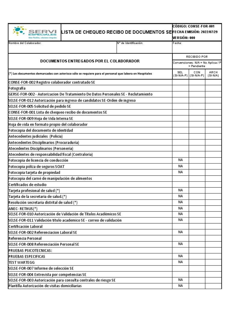 Conse-For-001 Lista Chequeo Recibo Docum Se | PDF