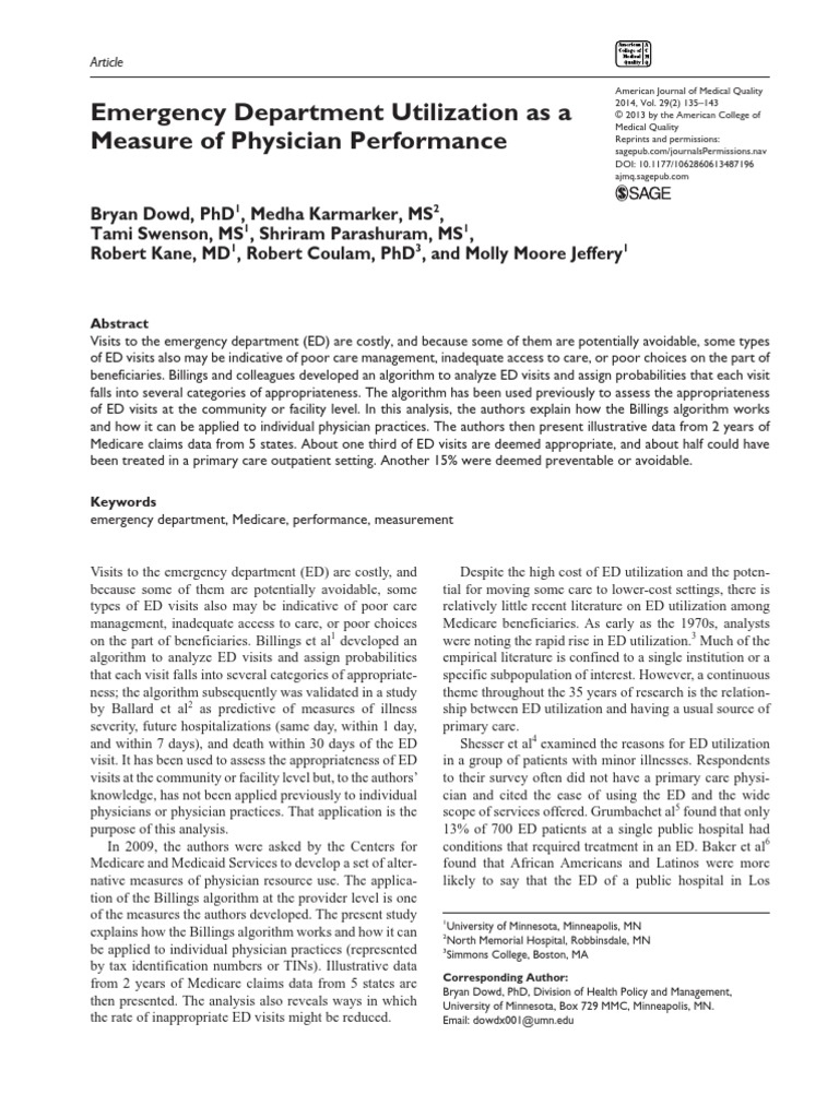 Emergency Department Utilization As A Measure of Physician Performance ... Emergency Department Utilization As A Measure of Physician Performance ...