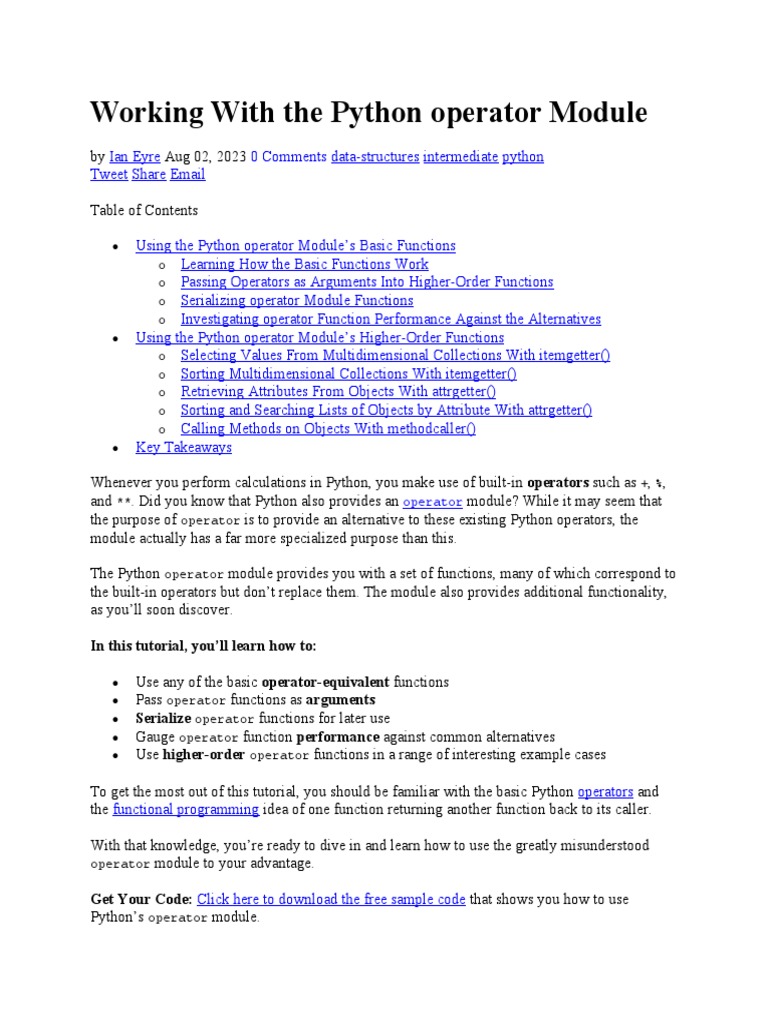 Working With The Python Operator Module | PDF Working With The Python Operator Module | PDF