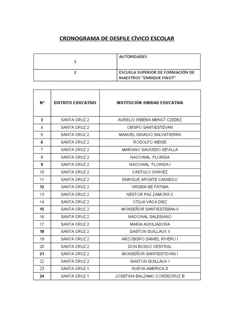 Cronograma de Desfile Cívico Escolar - 6 de Agosto | PDF | Bolivia