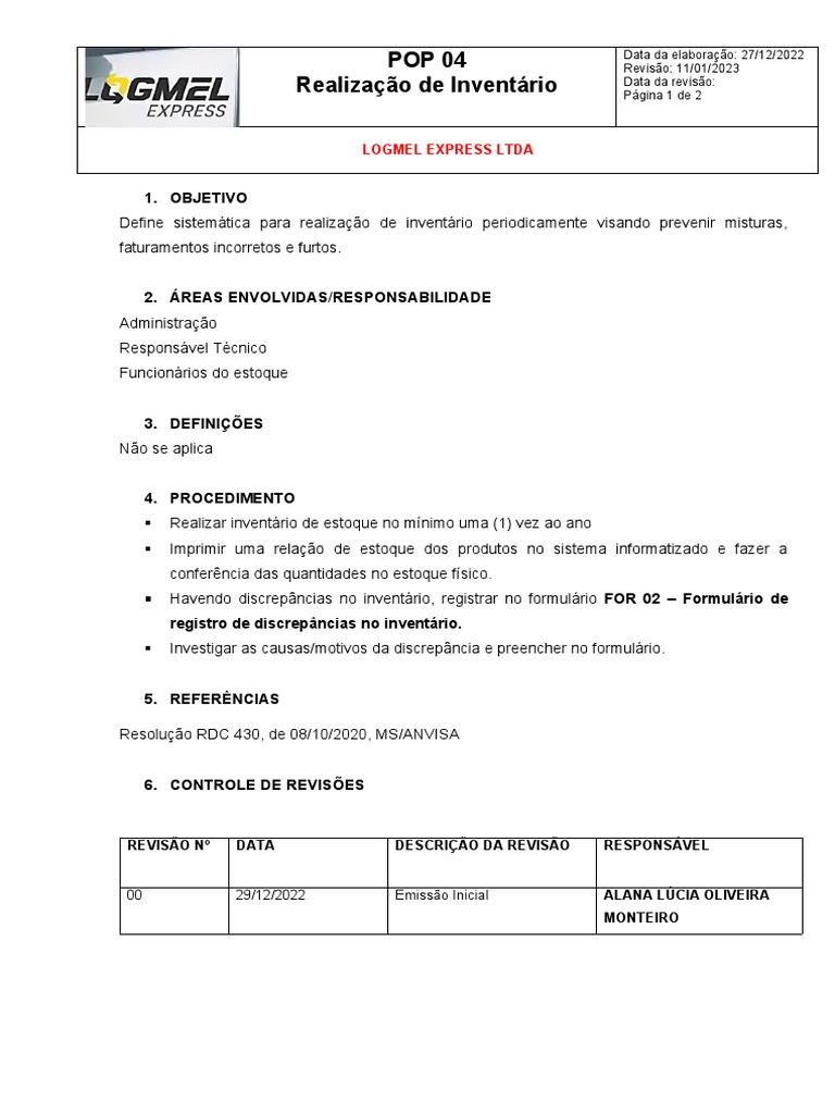 POP 04 - Realização de inventário | PDF