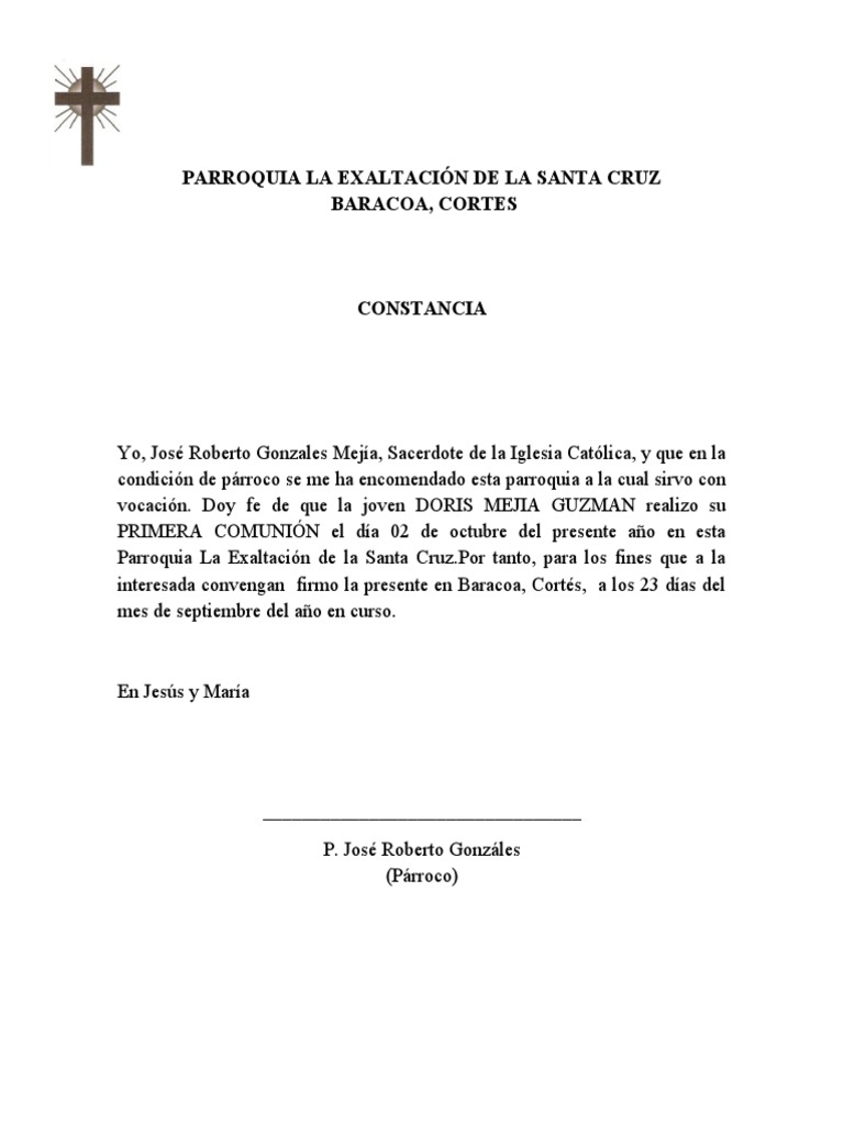 Constancia de Primera Comunión 2015 | PDF
