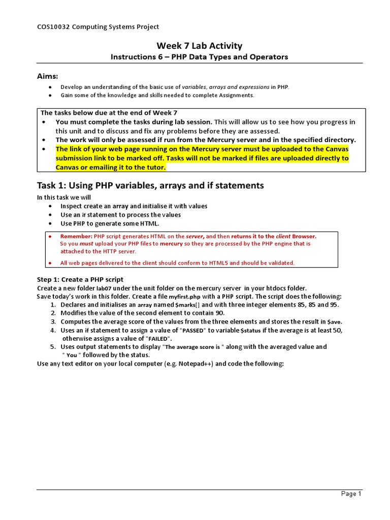 Week 7 Lab Activity: Instructions 6 - PHP Data Types and Operators Aims | PDF | Php | Networking