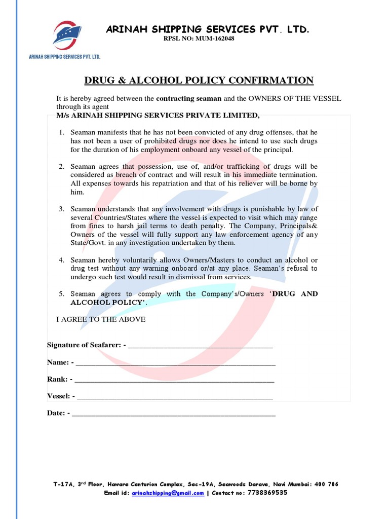 Drug & Alcohol Policy Confirmation | PDF | Law