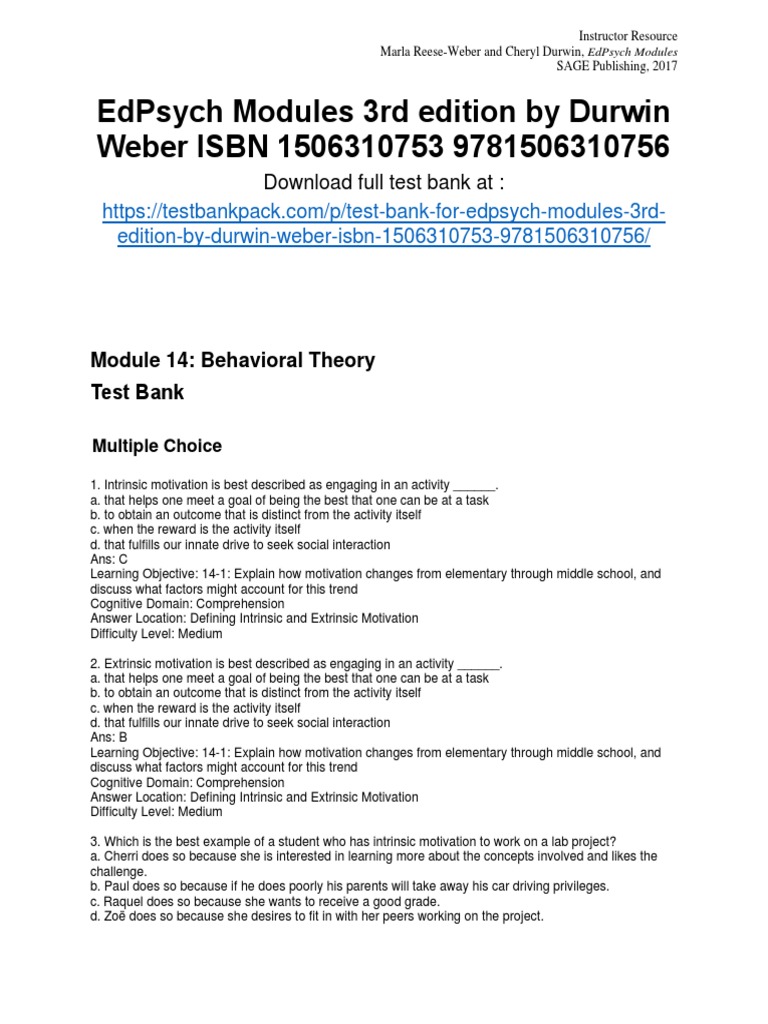 EdPsych Modules 3rd Edition Durwin Test Bank Download | PDF