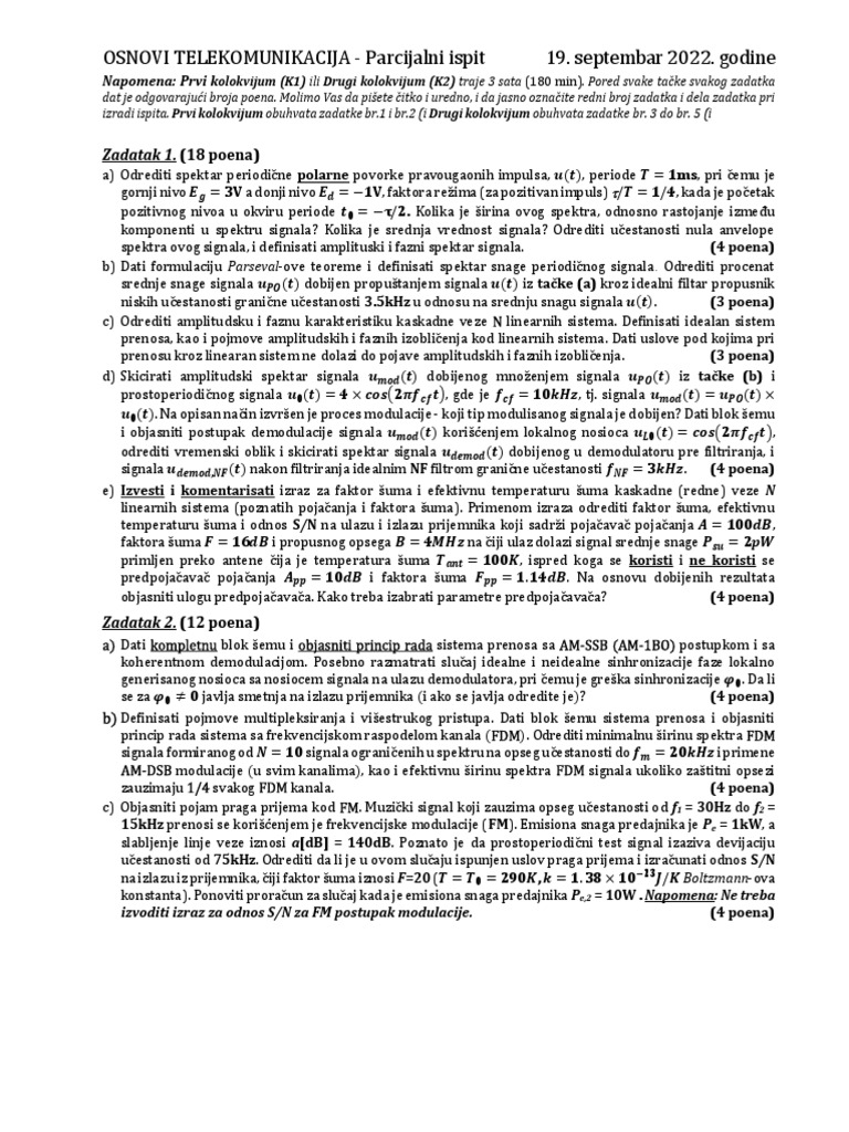 Osnovi Telekomunikacija - Parcijalni Ispit - 18092022 - Zadaci | PDF