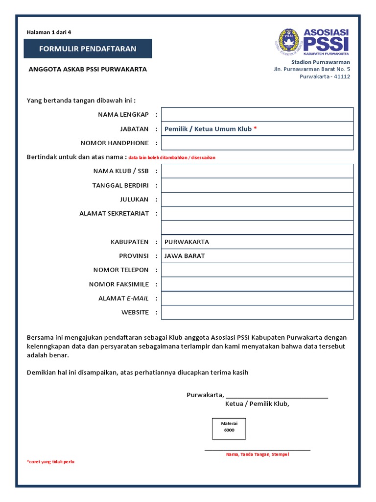 Form Pendaftaran PSSI | PDF
