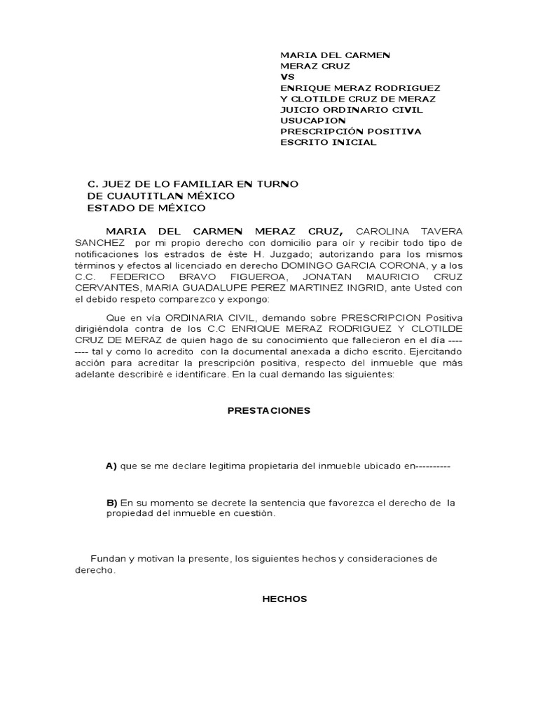 Juicio Civil: Prescripción Positiva Meraz | PDF