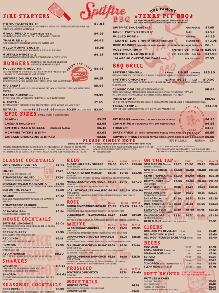 Spitfire BBQ Menu Overview | PDF | Barbecue | Hamburgers