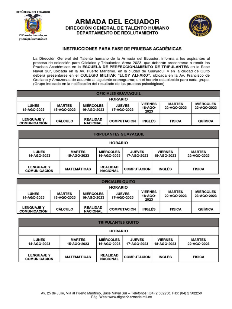 Cronograma Pruebas Académicas Armada 2023 | PDF | Ecuador