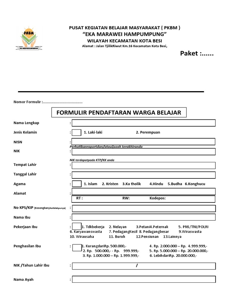 Formulir Pendaftaran Paket | PDF