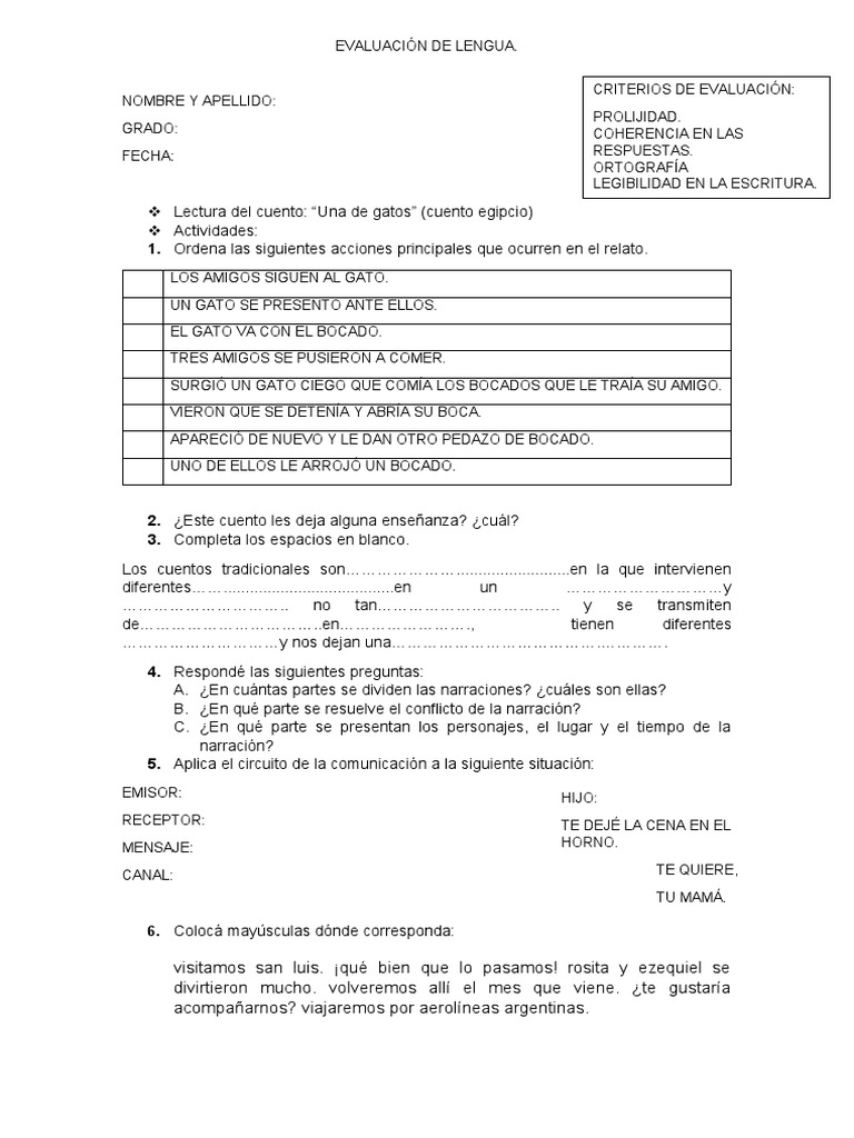 EVALUACIÓN DE LENGUA CUENTO TRADICIONAL | PDF