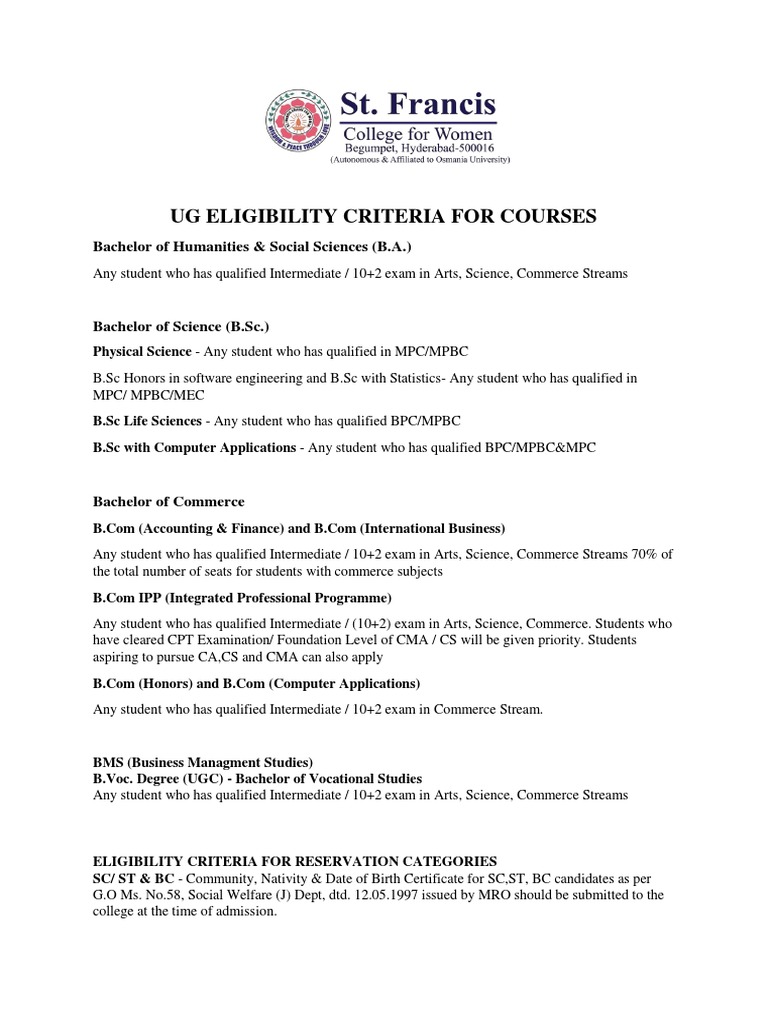 Eligibility Criteria For UG and PG Courses | PDF