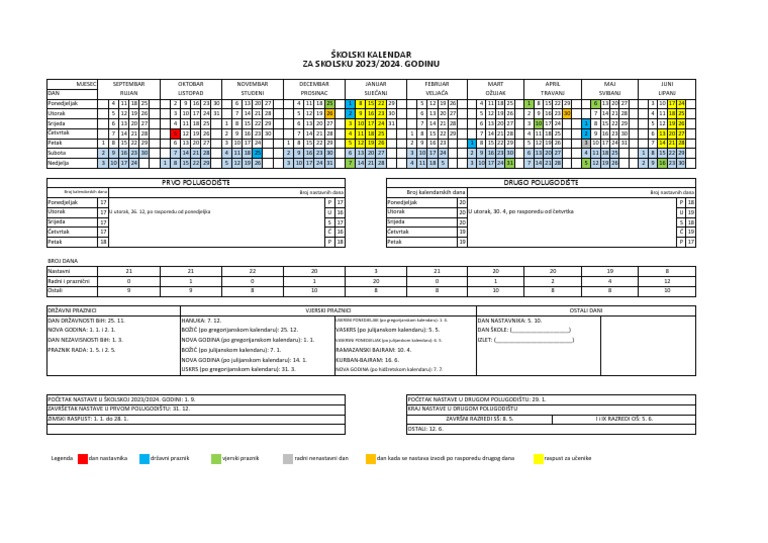Nastavni Kalendar 2023-2024 | PDF