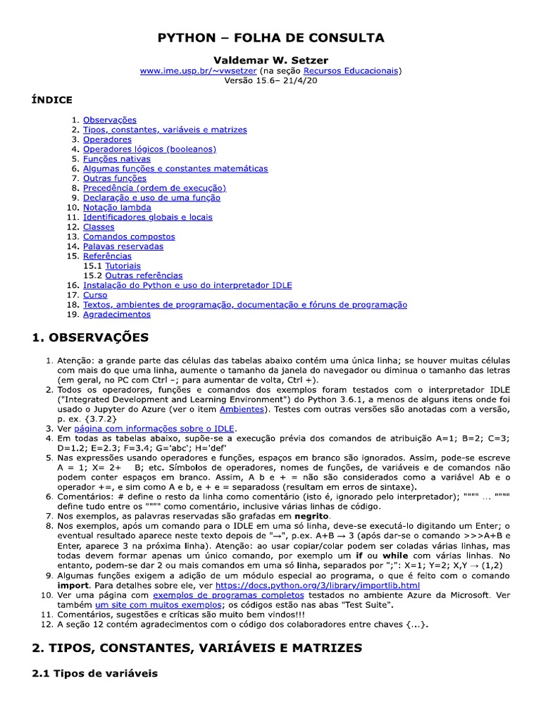 PYTHON - FOLHA DE CONSULTA, Por V.W.Setzer | PDF